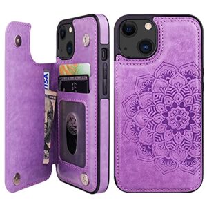 vaburs compatible with iphone 13 case wallet with card holder, embossed mandala pattern flower pu leather double buttons flip shockproof cover for magnetic car mount 6.1 inch (purple)