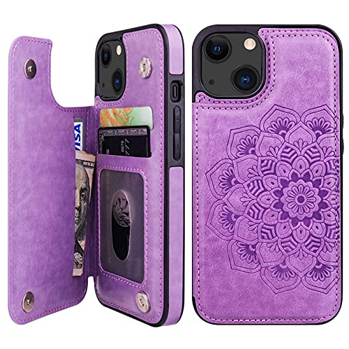 Vaburs Compatible with iPhone 13 Case Wallet with Card Holder, Embossed Mandala Pattern Flower PU Leather Double Buttons Flip Shockproof Cover for Magnetic Car Mount 6.1 Inch (Purple)