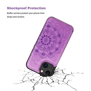 Vaburs Compatible with iPhone 13 Case Wallet with Card Holder, Embossed Mandala Pattern Flower PU Leather Double Buttons Flip Shockproof Cover for Magnetic Car Mount 6.1 Inch (Purple)