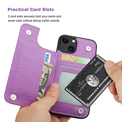 Vaburs Compatible with iPhone 13 Case Wallet with Card Holder, Embossed Mandala Pattern Flower PU Leather Double Buttons Flip Shockproof Cover for Magnetic Car Mount 6.1 Inch (Purple)