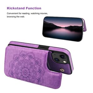 Vaburs Compatible with iPhone 13 Case Wallet with Card Holder, Embossed Mandala Pattern Flower PU Leather Double Buttons Flip Shockproof Cover for Magnetic Car Mount 6.1 Inch (Purple)