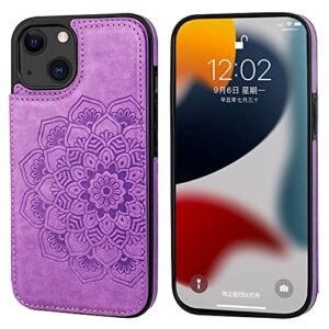 Vaburs Compatible with iPhone 13 Case Wallet with Card Holder, Embossed Mandala Pattern Flower PU Leather Double Buttons Flip Shockproof Cover for Magnetic Car Mount 6.1 Inch (Purple)