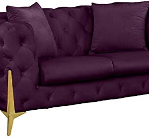 Meridian Furniture Kingdom Collection Velvet Upholstered Loveseat with Deep Button Tufting & Sturdy Gold Metal Legs, Purple