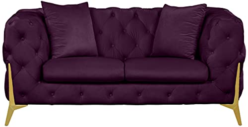 Meridian Furniture Kingdom Collection Velvet Upholstered Loveseat with Deep Button Tufting & Sturdy Gold Metal Legs, Purple