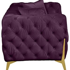 Meridian Furniture Kingdom Collection Velvet Upholstered Loveseat with Deep Button Tufting & Sturdy Gold Metal Legs, Purple