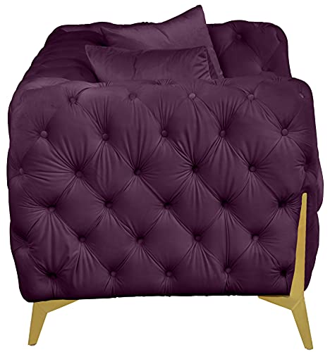 Meridian Furniture Kingdom Collection Velvet Upholstered Loveseat with Deep Button Tufting & Sturdy Gold Metal Legs, Purple