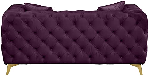 Meridian Furniture Kingdom Collection Velvet Upholstered Loveseat with Deep Button Tufting & Sturdy Gold Metal Legs, Purple