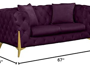 Meridian Furniture Kingdom Collection Velvet Upholstered Loveseat with Deep Button Tufting & Sturdy Gold Metal Legs, Purple