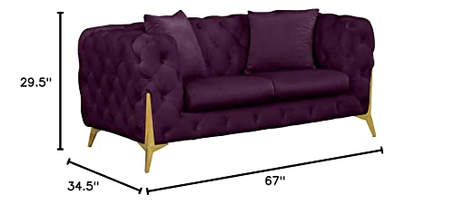 Meridian Furniture Kingdom Collection Velvet Upholstered Loveseat with Deep Button Tufting & Sturdy Gold Metal Legs, Purple