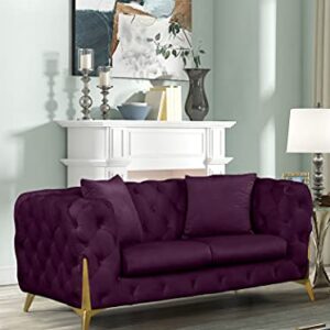 Meridian Furniture Kingdom Collection Velvet Upholstered Loveseat with Deep Button Tufting & Sturdy Gold Metal Legs, Purple