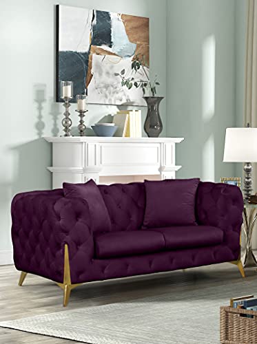 Meridian Furniture Kingdom Collection Velvet Upholstered Loveseat with Deep Button Tufting & Sturdy Gold Metal Legs, Purple