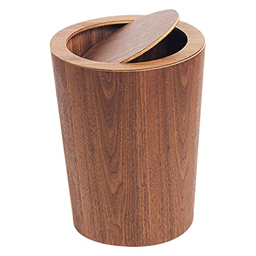 Modern Round Trash Can with Lid - Solid Real Wood Waste Basket in Walnut - 8L/2.1Gal - 9.25"x7.5"x11.8" Swing Top Small Trash Can - Decorative Small Garbage Can for Bedroom, Living Room, Office & Bathroom Farmhouse Loft Wooden Style