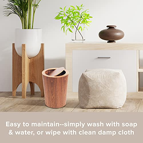 Modern Round Trash Can with Lid - Solid Real Wood Waste Basket in Walnut - 8L/2.1Gal - 9.25"x7.5"x11.8" Swing Top Small Trash Can - Decorative Small Garbage Can for Bedroom, Living Room, Office & Bathroom Farmhouse Loft Wooden Style