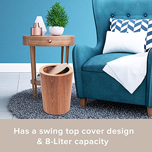 Modern Round Trash Can with Lid - Solid Real Wood Waste Basket in Walnut - 8L/2.1Gal - 9.25"x7.5"x11.8" Swing Top Small Trash Can - Decorative Small Garbage Can for Bedroom, Living Room, Office & Bathroom Farmhouse Loft Wooden Style