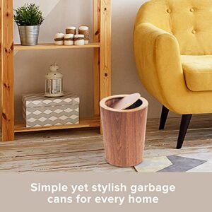 Modern Round Trash Can with Lid - Solid Real Wood Waste Basket in Walnut - 8L/2.1Gal - 9.25"x7.5"x11.8" Swing Top Small Trash Can - Decorative Small Garbage Can for Bedroom, Living Room, Office & Bathroom Farmhouse Loft Wooden Style