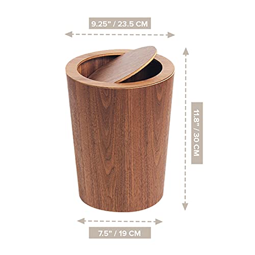 Modern Round Trash Can with Lid - Solid Real Wood Waste Basket in Walnut - 8L/2.1Gal - 9.25"x7.5"x11.8" Swing Top Small Trash Can - Decorative Small Garbage Can for Bedroom, Living Room, Office & Bathroom Farmhouse Loft Wooden Style