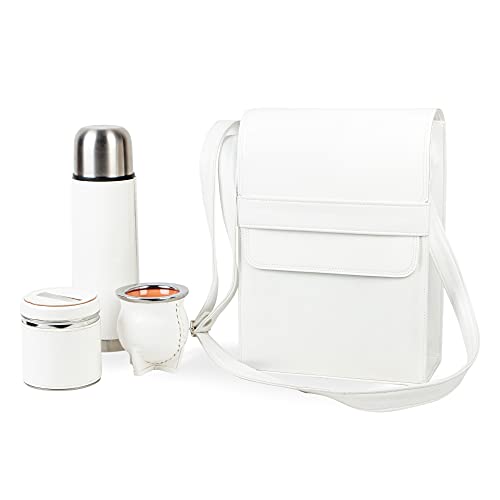 TheBmate [Matera for Mate Set] Travel Mate Bag with Yerba Mate Set includes Mate Cup, Alpaca Bombilla, Thermos, Yerbero, Cleaning Brush - Eco-Leather Wrapped Handmade in Uruguay (White)