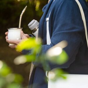 TheBmate [Matera for Mate Set] Travel Mate Bag with Yerba Mate Set includes Mate Cup, Alpaca Bombilla, Thermos, Yerbero, Cleaning Brush - Eco-Leather Wrapped Handmade in Uruguay (White)