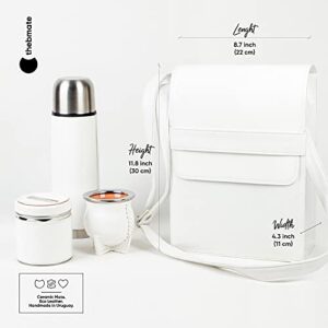 TheBmate [Matera for Mate Set] Travel Mate Bag with Yerba Mate Set includes Mate Cup, Alpaca Bombilla, Thermos, Yerbero, Cleaning Brush - Eco-Leather Wrapped Handmade in Uruguay (White)