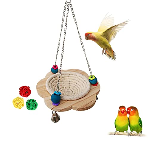 Diaertiny Hanging Bird Nest Parrots Bed with Colorful Swing Wooden Bracket Nibble Toys and Bells Handmade Cotton Hemp Rope for Parakeet Conures Finch Budgie Lovebird (Cotton Rope)