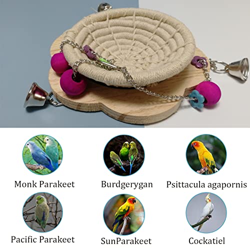 Diaertiny Hanging Bird Nest Parrots Bed with Colorful Swing Wooden Bracket Nibble Toys and Bells Handmade Cotton Hemp Rope for Parakeet Conures Finch Budgie Lovebird (Cotton Rope)