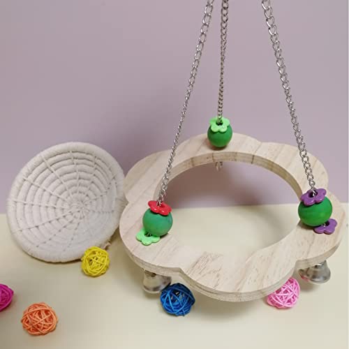 Diaertiny Hanging Bird Nest Parrots Bed with Colorful Swing Wooden Bracket Nibble Toys and Bells Handmade Cotton Hemp Rope for Parakeet Conures Finch Budgie Lovebird (Cotton Rope)