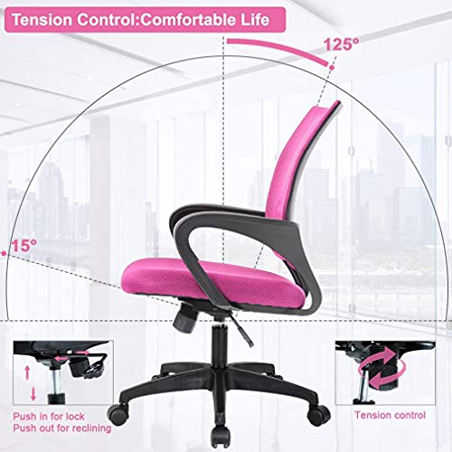 Tffnew Mesh Office Chair Ergonomic Computer Desk Chair Adjustable Home Office Desk Chair with Lumbar Armrest Support Modern Rolling Swivel Chair for Women&Men Adults(Pink)