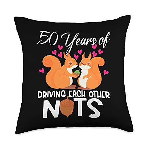 Wedding Anniversary Gifts by K 50th Wedding Anniversary Fifty Years Squirrel Still Nuts Throw Pillow, 18x18, Multicolor