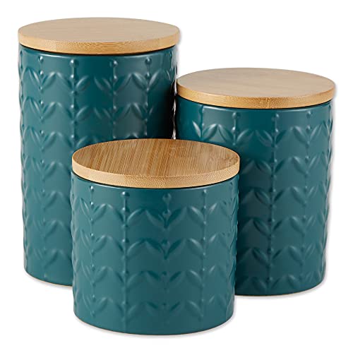 DII Kitchen Accessories Collection, Textured Matte Ceramic Canister Set, Teal, Vine, 3 Piece