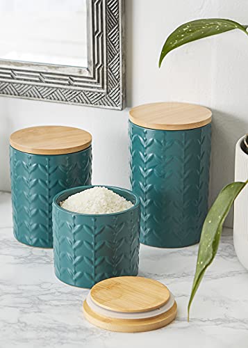 DII Kitchen Accessories Collection, Textured Matte Ceramic Canister Set, Teal, Vine, 3 Piece