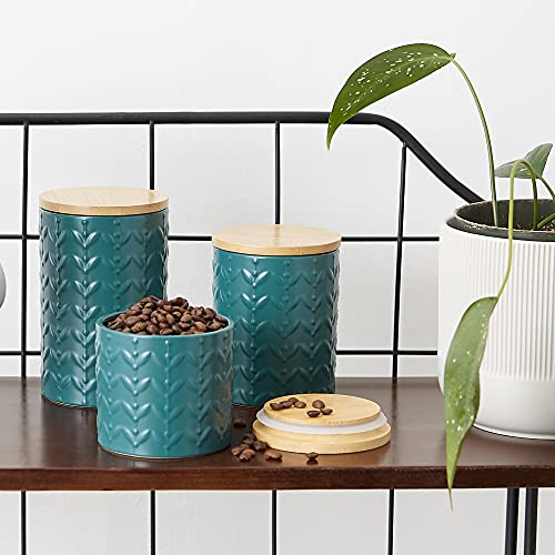 DII Kitchen Accessories Collection, Textured Matte Ceramic Canister Set, Teal, Vine, 3 Piece