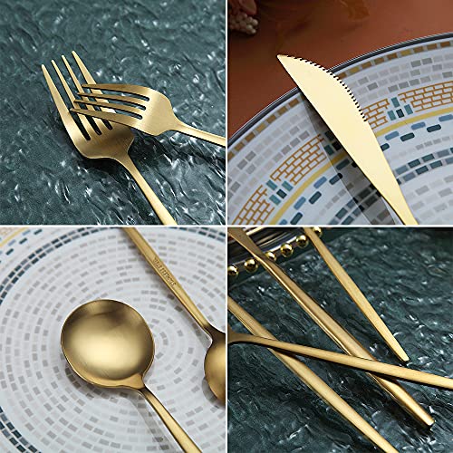 Matte Gold Silverware Set 40 Pieces, Stainless Steel Golden Flatware Set, Titanium Plating Cutlery Set, Matte Gold Utensil Sets, Service Set for 8 (Matte Golden)