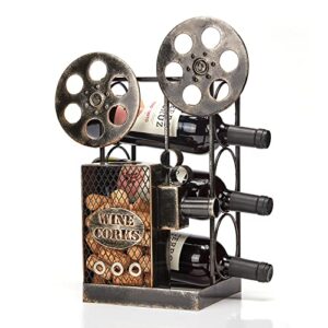 aayla tabletop wine rack – retro classic movie projector for holding 3 bottles with cork storage perfect wine gift for wine lovers