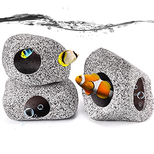 3 Pieces Rock Aquarium Decorations, Stackable Cave Aquarium Decor, Betta Fish Tank Accessories Hideout Hidden Stones Ornaments, Fish Rock House Hideaway Tunnel Fish Cave for Aquarium Shrimp Cichlid