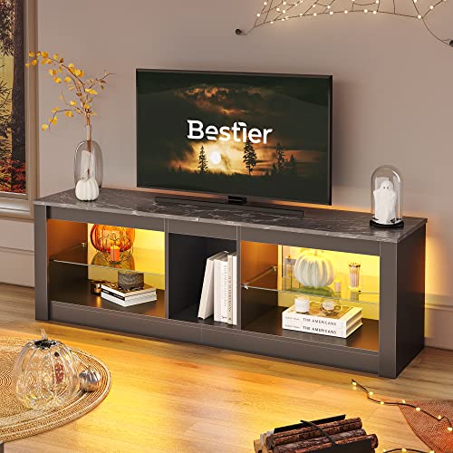 Bestier TV Stand Black Marble LED Entertainment Center for 55+ Inch TV Gaming TV Stand Adjustable Glass Shelves 22 Dynamic RGB Modes TV Cabinet for Game Console PS4