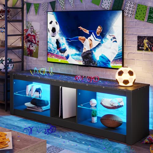 Bestier TV Stand Black Marble LED Entertainment Center for 55+ Inch TV Gaming TV Stand Adjustable Glass Shelves 22 Dynamic RGB Modes TV Cabinet for Game Console PS4