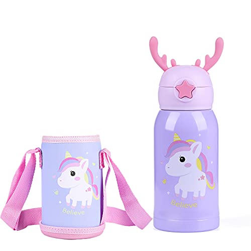 Kids Water Bottle 17 Oz 316 Stainless Steel Vacuum Insulated Thermos With Straw (Horse)