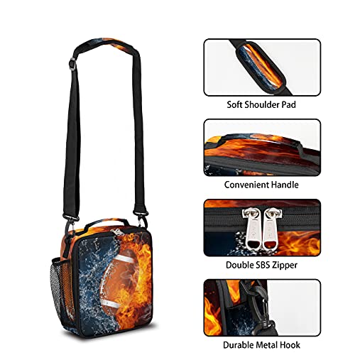 Football Kids Lunch Boxes, Fire Soccer Insulated Lunch Bag for Kids with Adjustable Shoulder Strap, School Lunch Box Container for Boys & Girls, Reusable Adults Lunch Tote for Work Travel