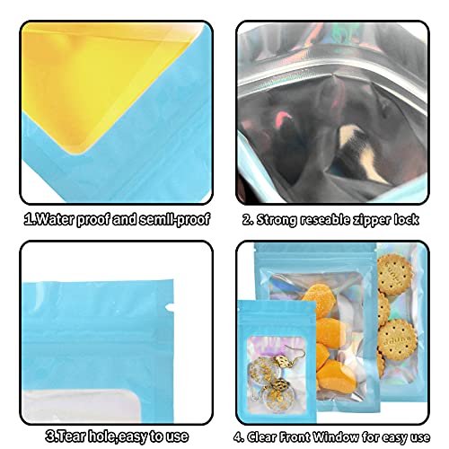 YOTOZU 100-Pack Holographic Resealable Bag Ziplock Food Storage Aluminium Foil Mylar Smell Bag Plastic Flat Packaging Pouch for Party Favor Food Candy Jewelry Lip Gloss Optional Multi Color（Blue,4x6）