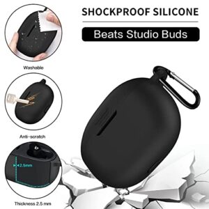 Alquar Case Cover for 2021 Beats Studio Buds Case, [5 in 1] Accessory Kit Silicone Protective Skin Sleeve for Beats Studio Buds 2021 Case with Keychain/Anti-Lost Strap/Ring/Brush (Black)