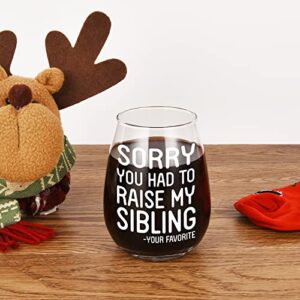 Waipfaru Sorry You Had to Raise My Sibling Stemless Wine Glass, Funny Mom & Dad Wine Glass, Gifts Idea for Mom & Dad Mother on Christmas Birthday Mother’ s Day Father’ s Day, Mom & Dad Gift, 15Oz