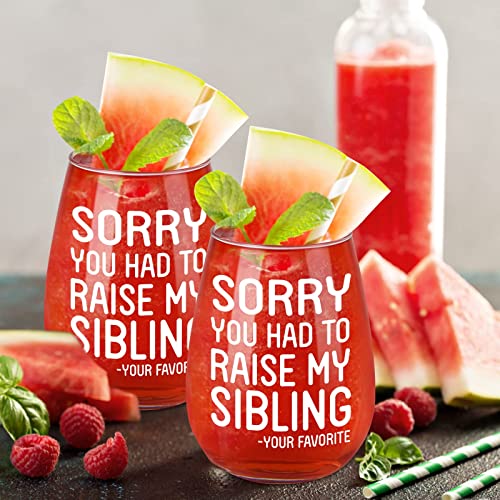 Waipfaru Sorry You Had to Raise My Sibling Stemless Wine Glass, Funny Mom & Dad Wine Glass, Gifts Idea for Mom & Dad Mother on Christmas Birthday Mother’ s Day Father’ s Day, Mom & Dad Gift, 15Oz