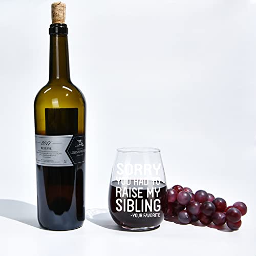 Waipfaru Sorry You Had to Raise My Sibling Stemless Wine Glass, Funny Mom & Dad Wine Glass, Gifts Idea for Mom & Dad Mother on Christmas Birthday Mother’ s Day Father’ s Day, Mom & Dad Gift, 15Oz