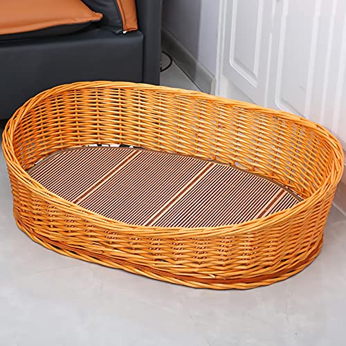 ZJMK Wicker Dog Cat Bed with Cushion & Bamboo Mat, Small Medium Dogs Cats Basket Washable Wicker Nest, Various Size (Size : #1(50×38cm/19.7×15in))