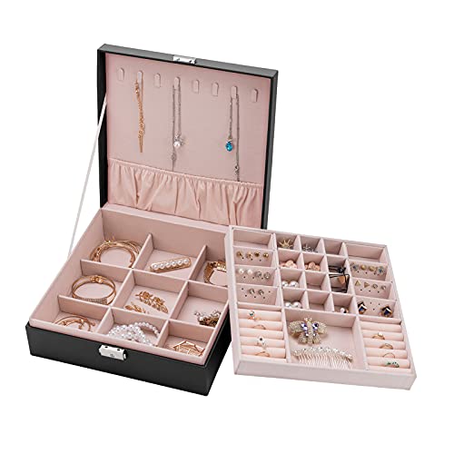 Smileshe Jewelry Box for Women Girls, PU Leather Organizer Boxes with Lock, 2 Layers Large Display Storage Case for Rings Earrings Necklaces Bracelets