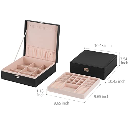 Smileshe Jewelry Box for Women Girls, PU Leather Organizer Boxes with Lock, 2 Layers Large Display Storage Case for Rings Earrings Necklaces Bracelets