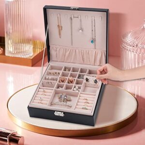 Smileshe Jewelry Box for Women Girls, PU Leather Organizer Boxes with Lock, 2 Layers Large Display Storage Case for Rings Earrings Necklaces Bracelets