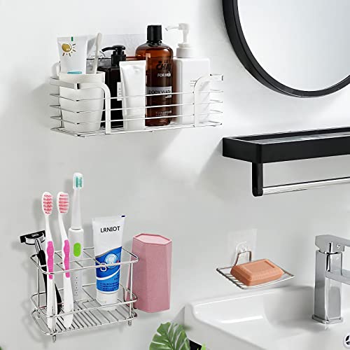 LRNIOT Shower Caddy,with Toothbrush Holder Soap Dish Holder,Stainless Steel Stand, No Drilling Bathroom Organizer for Toothbrush, Toothpaste, Facial Cleanser, Comb (Silver, 9 Pcs/Set)