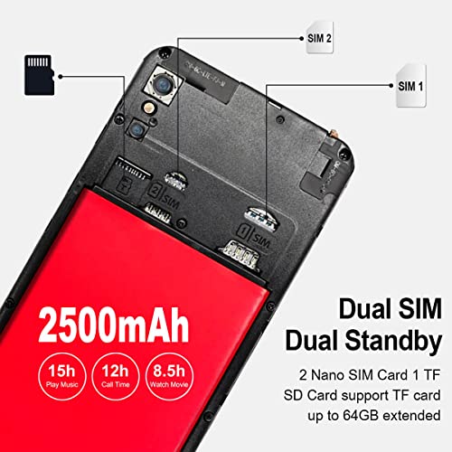 KXD Android Phone Unlocked 6A Cell Phones Unlock Dual SIM - 3G Smartphones Full-Screen - 1+8GB/ 64GB Extension - Face ID - 8MP+5MP Camera - Red