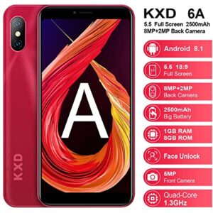 KXD Android Phone Unlocked 6A Cell Phones Unlock Dual SIM - 3G Smartphones Full-Screen - 1+8GB/ 64GB Extension - Face ID - 8MP+5MP Camera - Red